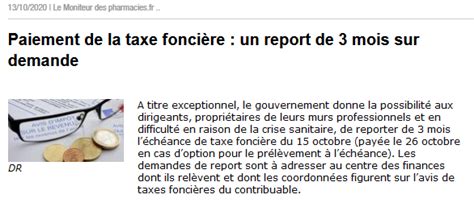 Paiement de la taxe foncière report de 3 mois Pharmetudes