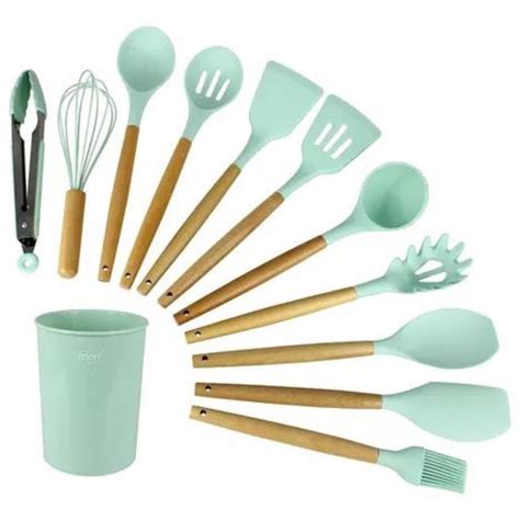 12 Utensílios Cozinha Silicone Cabo Madeira Verde Claro Shopee Brasil