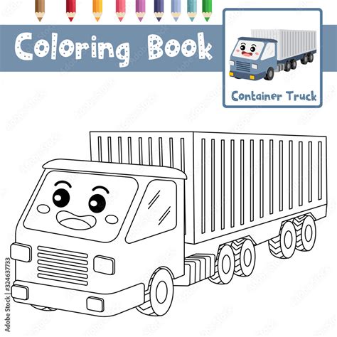 Coloring Page Container Truck Cartoon Character Perspective View Vector