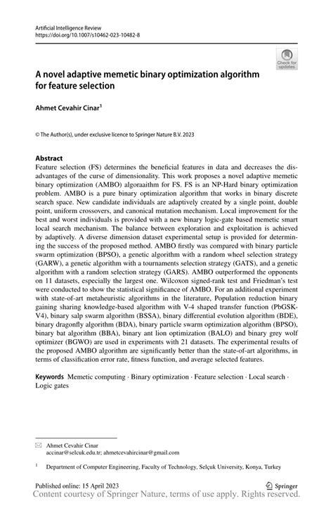 a novel adaptive memetic binary optimization algorithm for feature selection request pdf