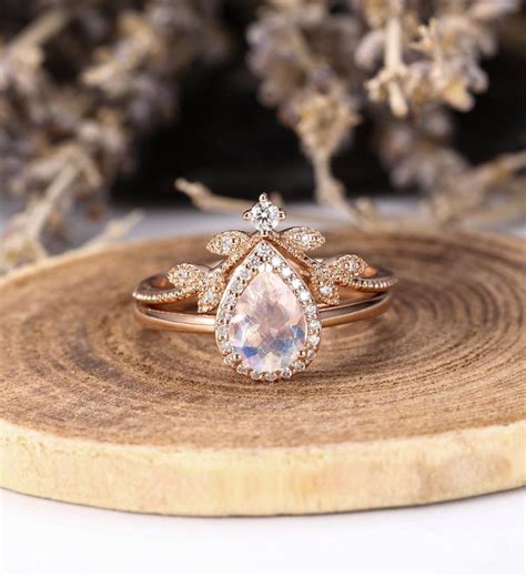 Moonstone Engagement Ring Set Morganite Engagement Ring Rose Gold