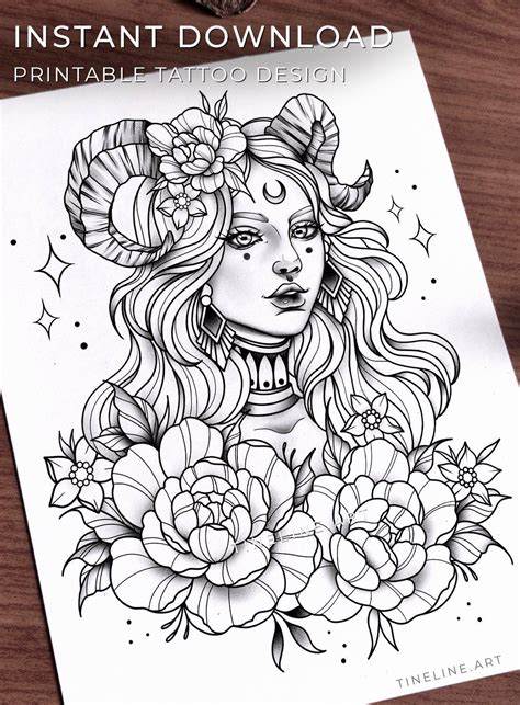 Capricorn Lady With Flowers And Peonies Printable Tattoo Design Floral
