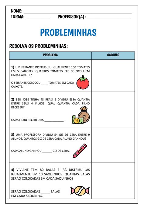 3º ao 5º ano Probleminhas de divisão e multiplicação para imprimir