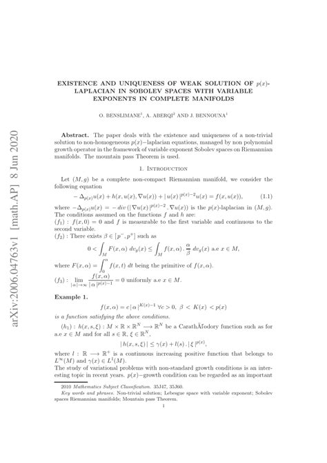[pdf] existence and uniqueness of weak solution of p x laplacian in sobolev spaces with