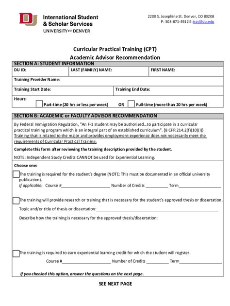 Fillable Online Curricular Practical Training CPT Academic Advisor