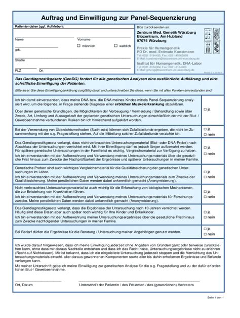 Ausfüllbar Online Auftrag und Einwilligung zur Panel Sequenzierung Fax