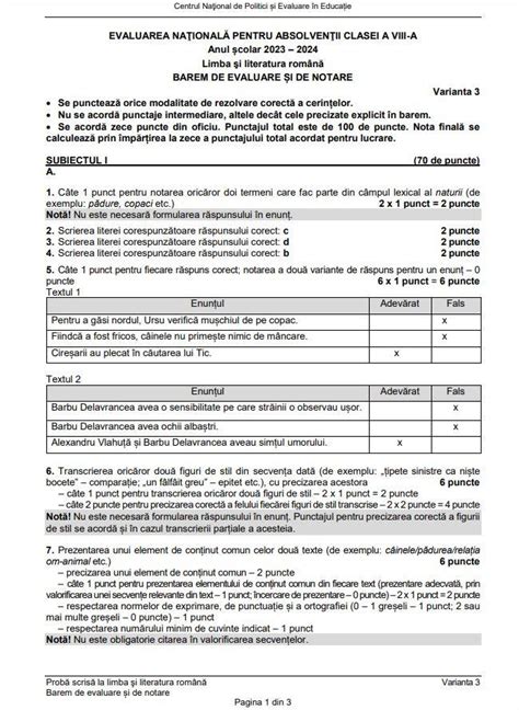 Barem Evaluare Naţională 2024 limba română Cum se rezolvă subiectele