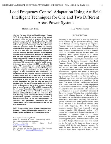 pdf load frequency control adaptation using artificial intelligent techniques for one and two