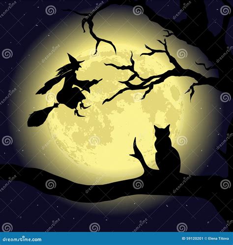 Gato Negro En El árbol En La Luna Llena Ilustración del Vector Imagen