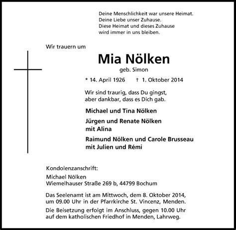 Traueranzeigen von Mia Nölken Trauer in NRW de