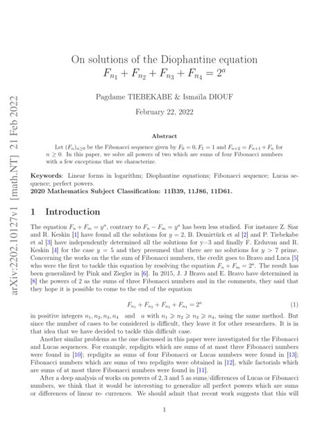 pdf on solutions of the diophantine equation f {n {1}} f {n {2}} f {n {3}} f {n {4}} 2 a