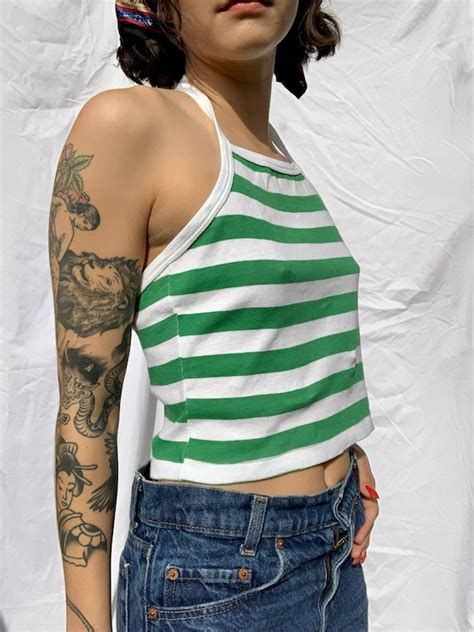 1970 S Stripe Halter Top Striped Nautical Summer Sh Gem