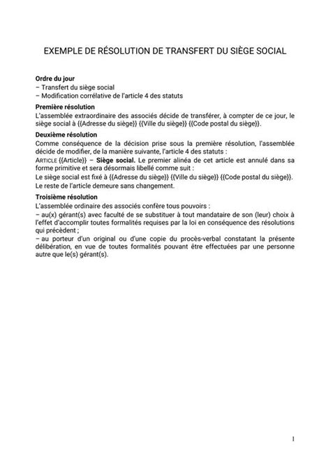 Exemple de résolution de transfert du siège social modèle