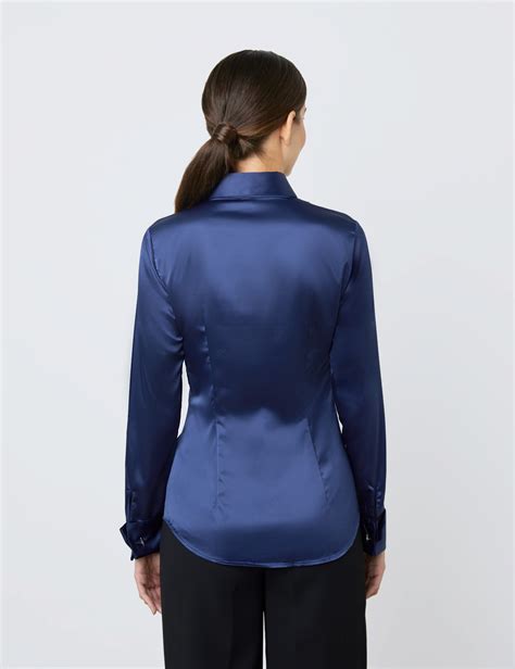 Women S Navy Fitted Satin Shirt Double Cuff Hawes Curtis