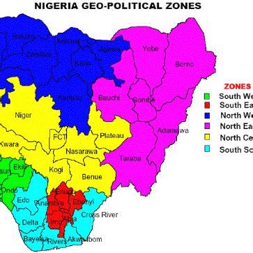 Nigerian Map Showing Six Geopolitical Regions Thirty Six States And