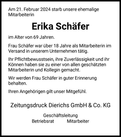 Traueranzeigen von Erika Schäfer Trauer HNA de