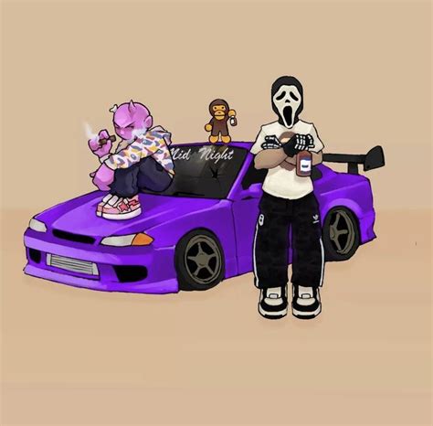 A Cartoon Character Sitting In Front Of A Purple Car