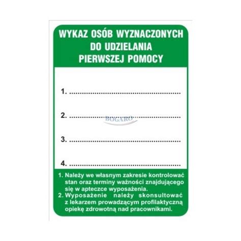 Znak Naklejka 10x14 cm WYKAZ OSÓB WYZNACZONYCH DO UDZIELANIA PIERWSZEJ