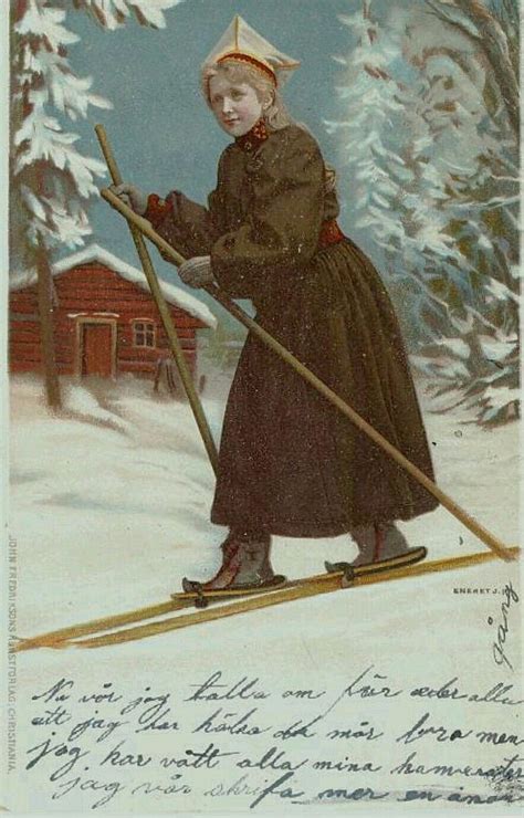 Julekort jente på ski Utg John Fredriksons Kunstforlag brukt 1903 Merry