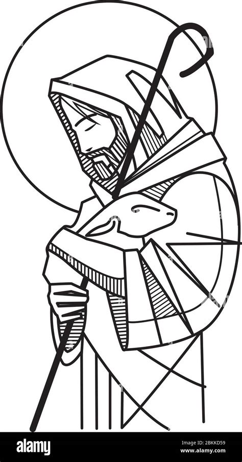 Hand Drawn Vector Illustration Or Drawing Of Jesus Good Shepherd Stock