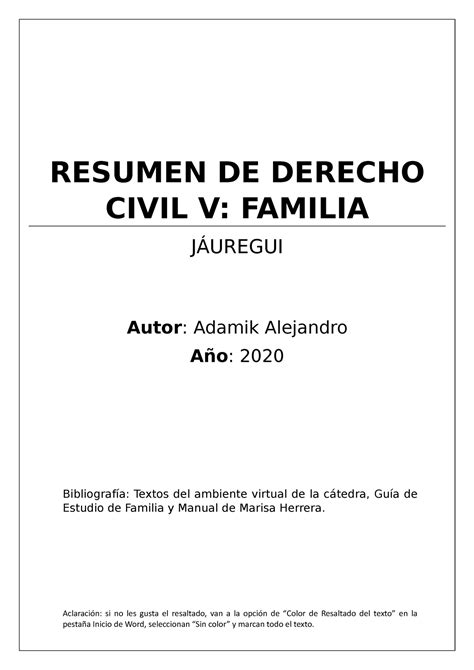 Resumen familia RESUMEN DE DERECHO CIVIL V FAMILIA JÁUREGUI Autor