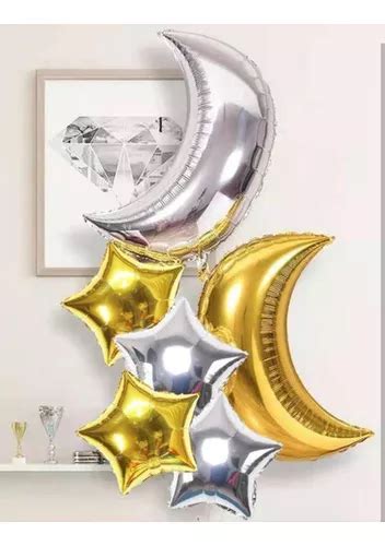 Kit 6 Balão Metalizado Lua Estrela Dourado Prata Decoração MercadoLivre