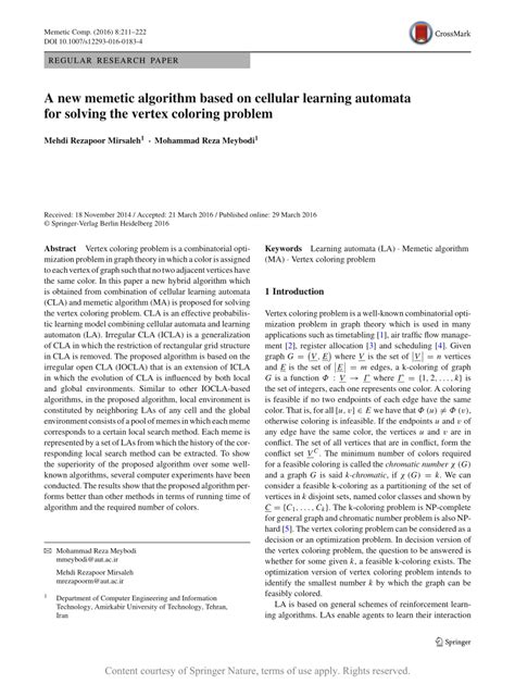 a new memetic algorithm based on cellular learning automata for solving the vertex coloring