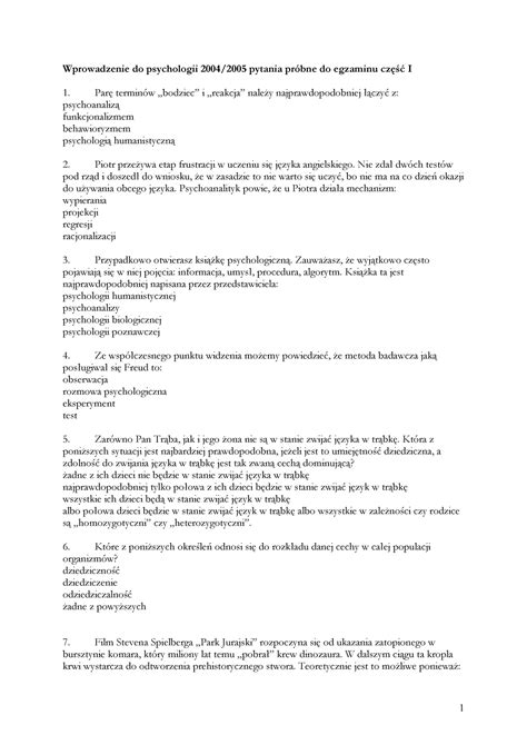 Przykładowe pytania do egzaminu wstęp do psychologii Uniwersytet