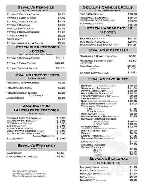 Sevala S Ukrainian Deli Menus In Winnipeg Manitoba Canada