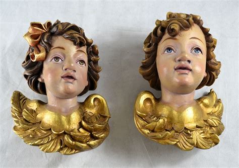 Paar Putti K Pfe Wandengel Gro Geschnitzt Ca X Cm