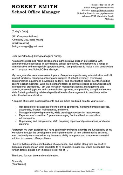 School Office Manager Cover Letter Examples QwikResume