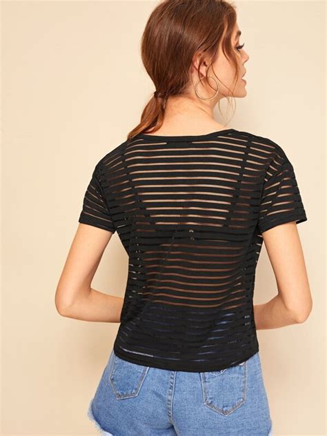 SHEIN Striped Sheer Mesh Top Without Bra SHEIN USA