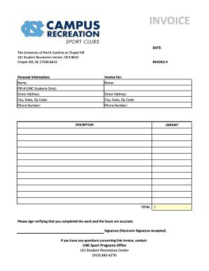 Fillable Online Campusrec Unc General Invoice Form UNC Campus Rec