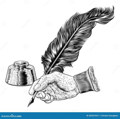 Quill Feather Ink Pen Hand Vintage Woodcut Print Stock Vector