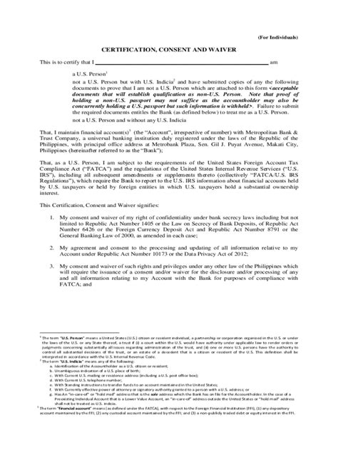 Fillable Online FATCA Certification Consent And Waiver FATCA