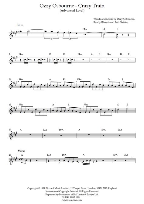 Crazy Train Advanced Level Ozzy Osbourne Flute Sheet Music