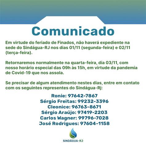 Comunicado Feriado De Finados Sindagua RJ