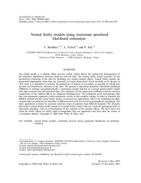 pdf nested frailty models using maximum penalized likelihood estimation virginie rondeau and