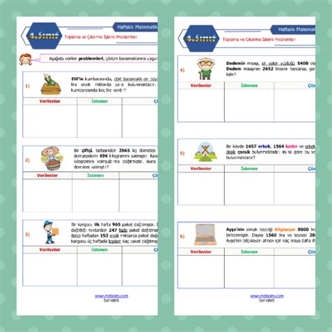 4 Sınıf Matematik Toplama ve Çıkarma İşlemi Problemleri Etkinliği
