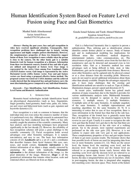 pdf human identification system based on feature level fusion using face and gait biometrics