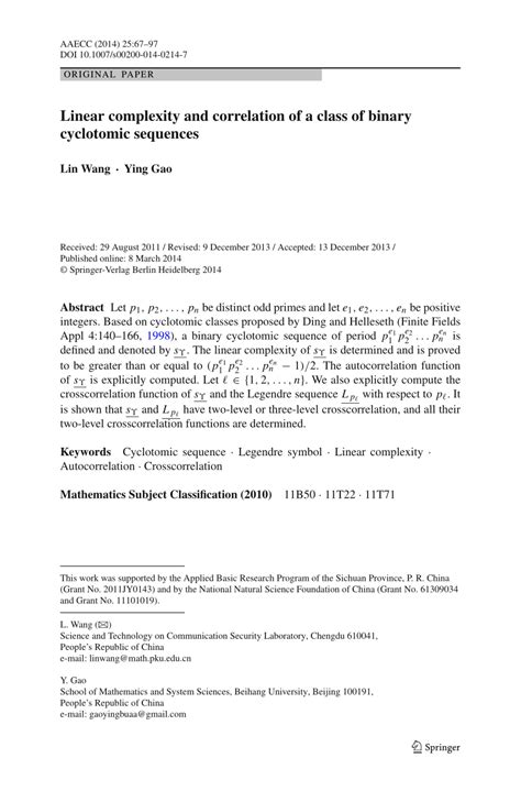 pdf linear complexity and correlation of a class of binary cyclotomic sequences