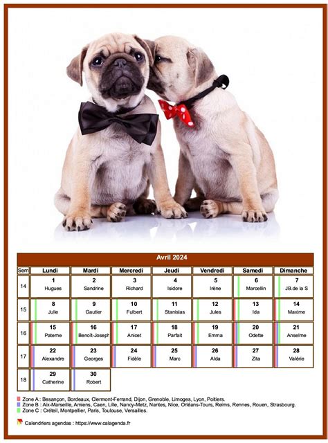 Calendrier Avril 2024 Chiens