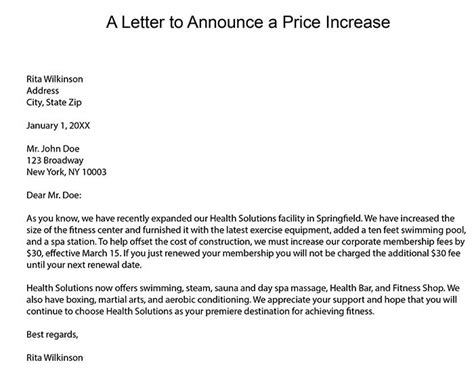Announcement Short Sample Letter To Inform Customers Of Price Increase