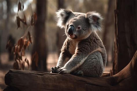 Un koala se sienta en el tronco de un árbol en un bosque Foto Premium