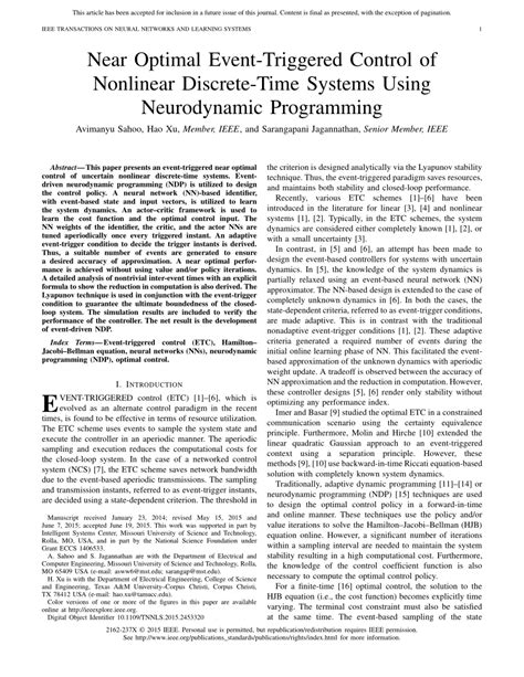 pdf near optimal event triggered control of nonlinear discrete time systems using neurodynamic