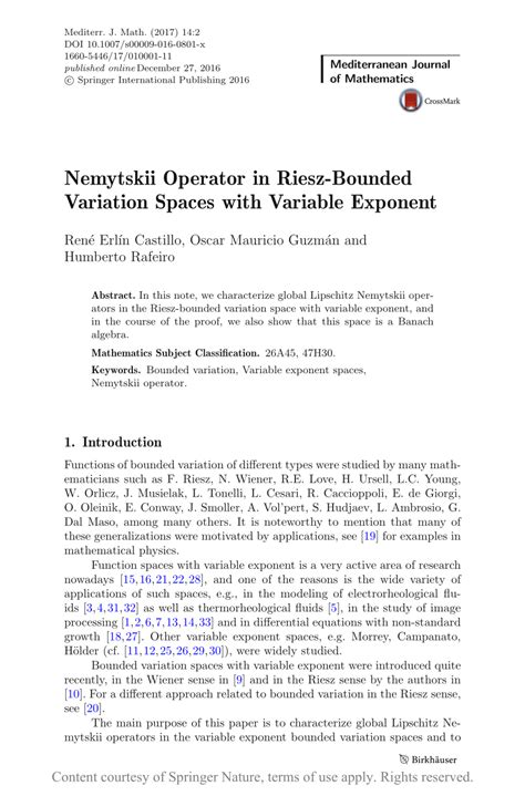 nemytskii operator in riesz bounded variation spaces with variable exponent request pdf