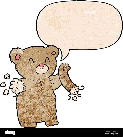 Cartoon Teddy Bear With Torn Arm With Speech Bubble In Retro Texture