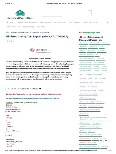 mindtree coding test papers amcat automata pdf integer computer science software