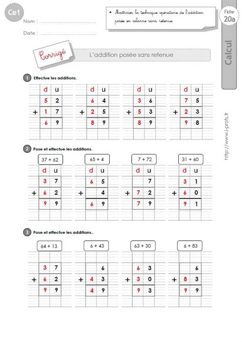 CE1 cycle2 EXERCICES CORRIGES L addition posée sans retenue