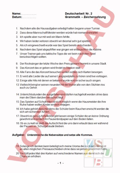 Arbeitsblatt ZS Satzgefüge Test Deutsch Rechtschreibung
